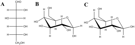Figura 3 - Estruturas do monossacarídeo D-glicose: A) projecção de ...